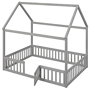 Harper & Bright Designs Grey House Bed Full Floor Bed with Fence Railings, Kids Wooden Full Size Montessori Bed Frame with Small Door for Kids, Fun Playhouse Beds, Full Size Bed Frame for Girls Boys