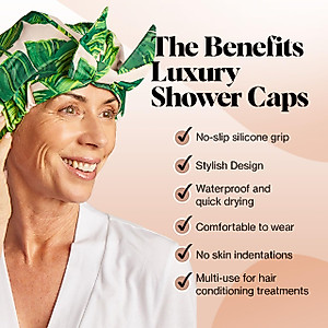 Kitsch Luxury Shower Caps for Women Reusable Waterproof - Large Shower Cap for Women and Men, Non-slip, Quick-dry Hair Cap for Long & Short Hair, Comfortable and Stylish Design - Palm Leaves