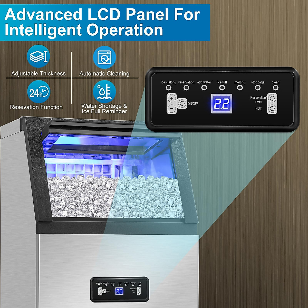 Commercial Ice Maker Machine 130Lbs/24H with 2 Water Inlet Modes, 36Pcs Ice Cubes in 8-15 Mins, Stainless Steel Under Counter/Freestanding Ice Machine with 28Lbs Storage Bin for Home/Shop/Office/Bar