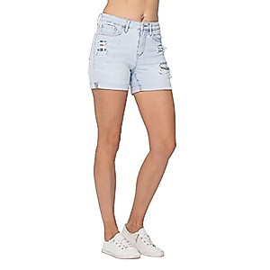Judy Blue Women's High-Rise Cuffed Printed Lining Shorts (Light Blue, Large)