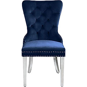 Meridian Furniture Carmen Collection Modern | Contemporary Velvet Upholstered Dining Chair with Button Tufting and Chrome Metal Legs, Set of 2, Navy, 21.5" W x 27" D x 39.5" H