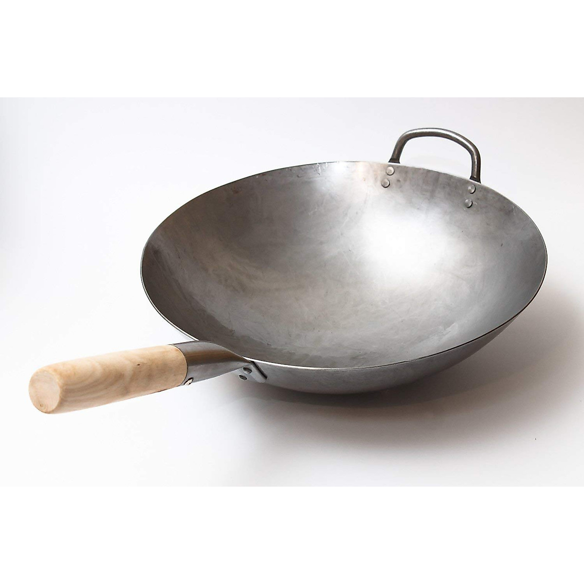 Craft Wok Traditional Hand Hammered Carbon Steel Pow Wok with Wooden and Steel Helper Handle (14 Inch, Round Bottom) / 731W88