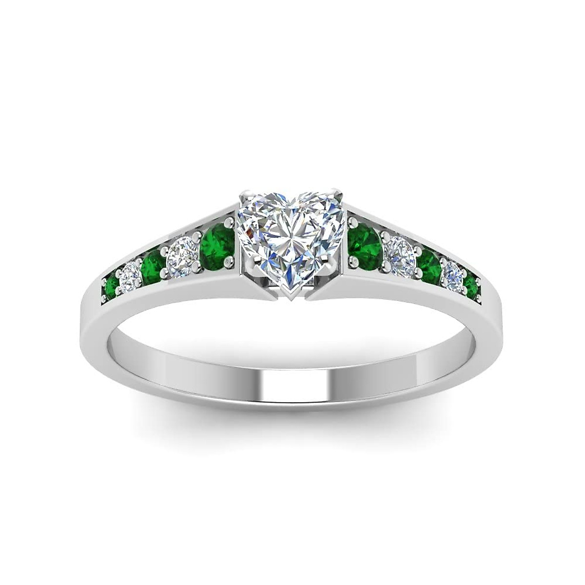 CustomizedGifts Graduated Pave Accent Diamond Ring Sterling Silver Created Emerald Heart Shape Green Color Side Stone Engagement Rings Pave Setting in Size 4 Casual Wear for Gift