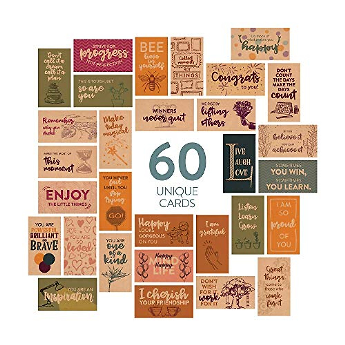 DiverseBee 60 Pack Assorted Inspirational Kraft Cards - Motivational Kindness Mini Note Cards, Encouragement Affirmation Card Set, 60 Unique Motivational Quotes - Business Card Size and Blank Back (Kraft)
