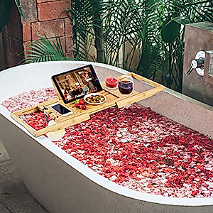 Utoplike Bamboo Bathtub Caddy Tray Bath Tray for Tub, Adjustable Bathroom Bathtub Organizer with Book Tablet Wine Glass Cup Towel Holder,Distinctive Gift (24.5"-37.4")