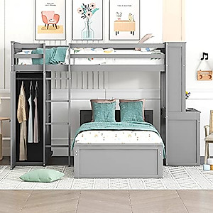Twin Size Loft Bed with Desk and Wardrobe, Wood Loft Bed Frame with Storage Shelves and A Stand-alone Bed, Twin Over Twin Bunk Bed Frame for Kids Teens Adults (Bottom Bed Can Be Moved, Gray)