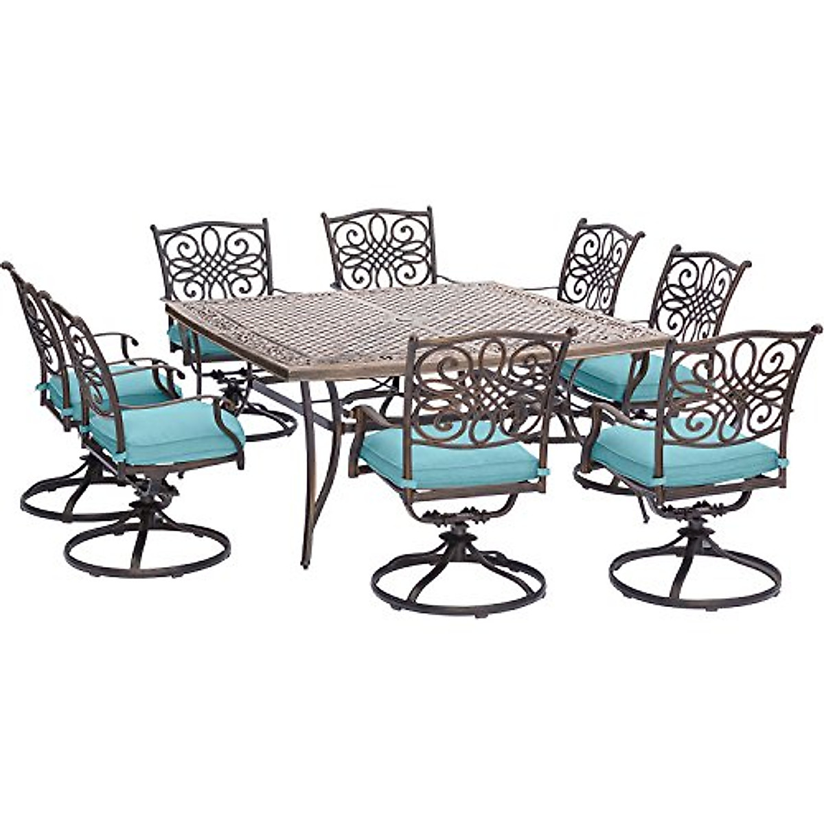 Hanover Traditions 9-Piece Rust-Free Aluminum Outdoor Patio Dining Set, 8 Swivel Rockers and Aluminum Square Dining Table & DC America UBP18181-BR 18-Inch Cast Stone Umbrella Base
