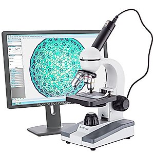 AmScope M148C-E Compound Monocular Microscope, WF10x and WF25x Eyepieces, 40x-1000x Magnification, LED Illumination, Brightfield, Single-Lens Condenser, Plain Stage, 110V or Battery-Powered, Includes 0.3MP Camera and Software