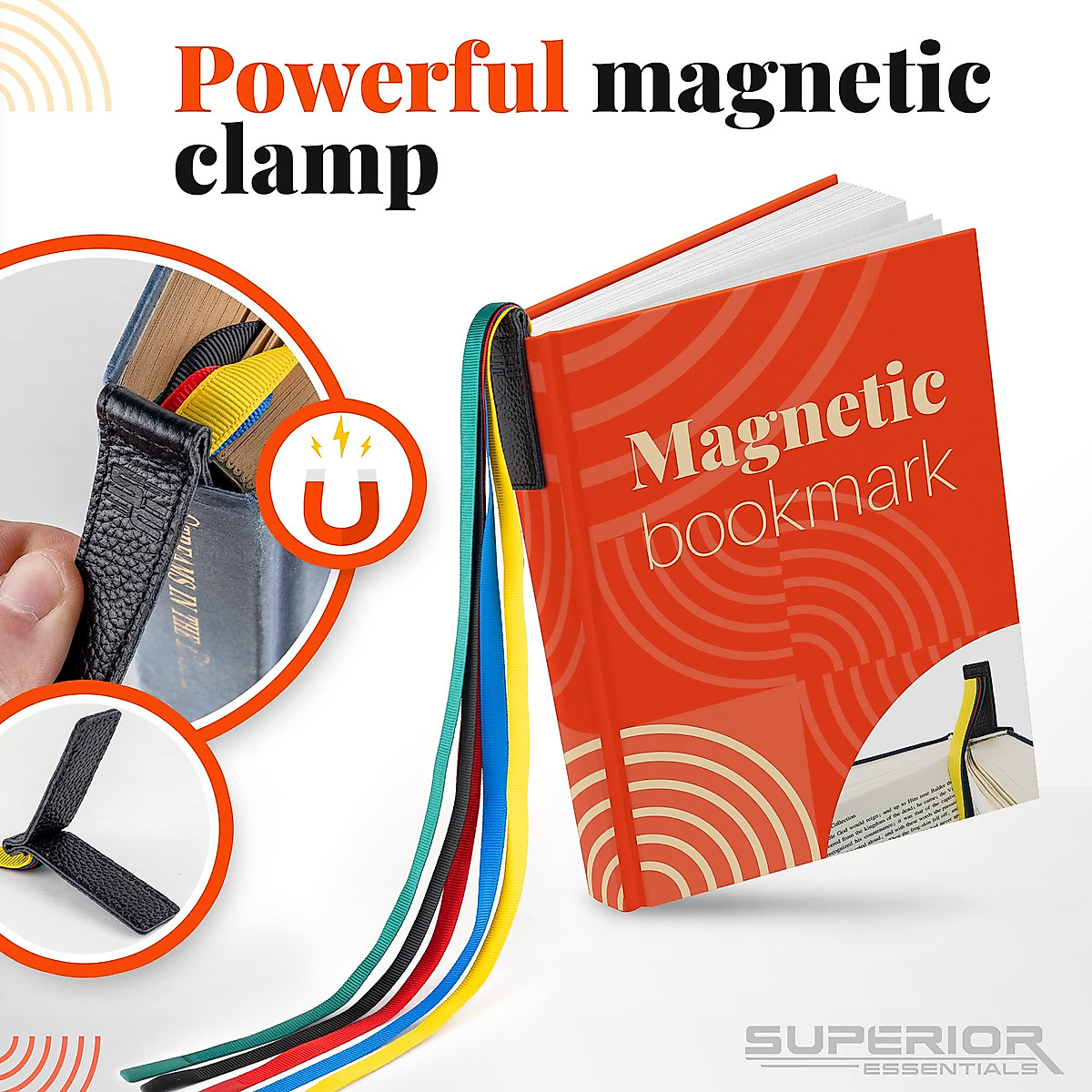 Superior Essentials Genuine Leather Multi Page Magnetic Attachable Bookmark with 5 Multi-Colored Bookmarks-Great for Bibles-Magnetic Hold Makes This The only Bookmark That Will Never Fall Out