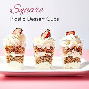 50 Pack 5 oz Square Dessert Cups with Spoons - Mini Parfait Cups, Appetizer Cups, Clear Plastic Party Dessert Cups for Serving Fruit Trifle Mousse and Pudding