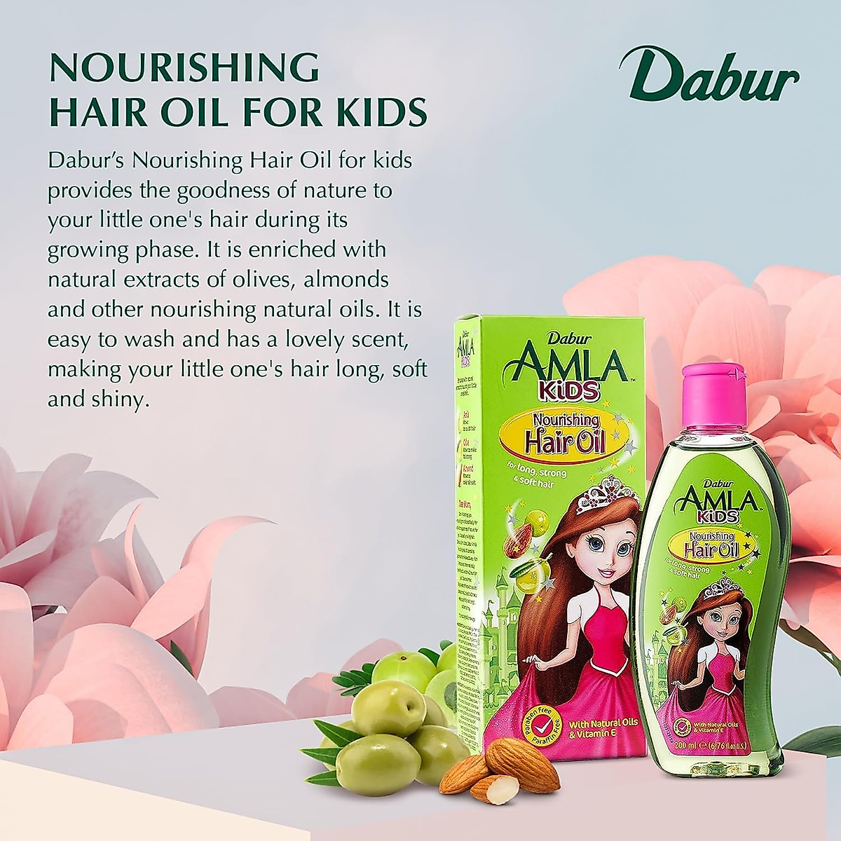 Dabur Amla Hair Oil - Natural Formula for Kids' Long, Strong, and Healthy Hair - Enriched with Olive and Almond - 200 ML Pack of 1