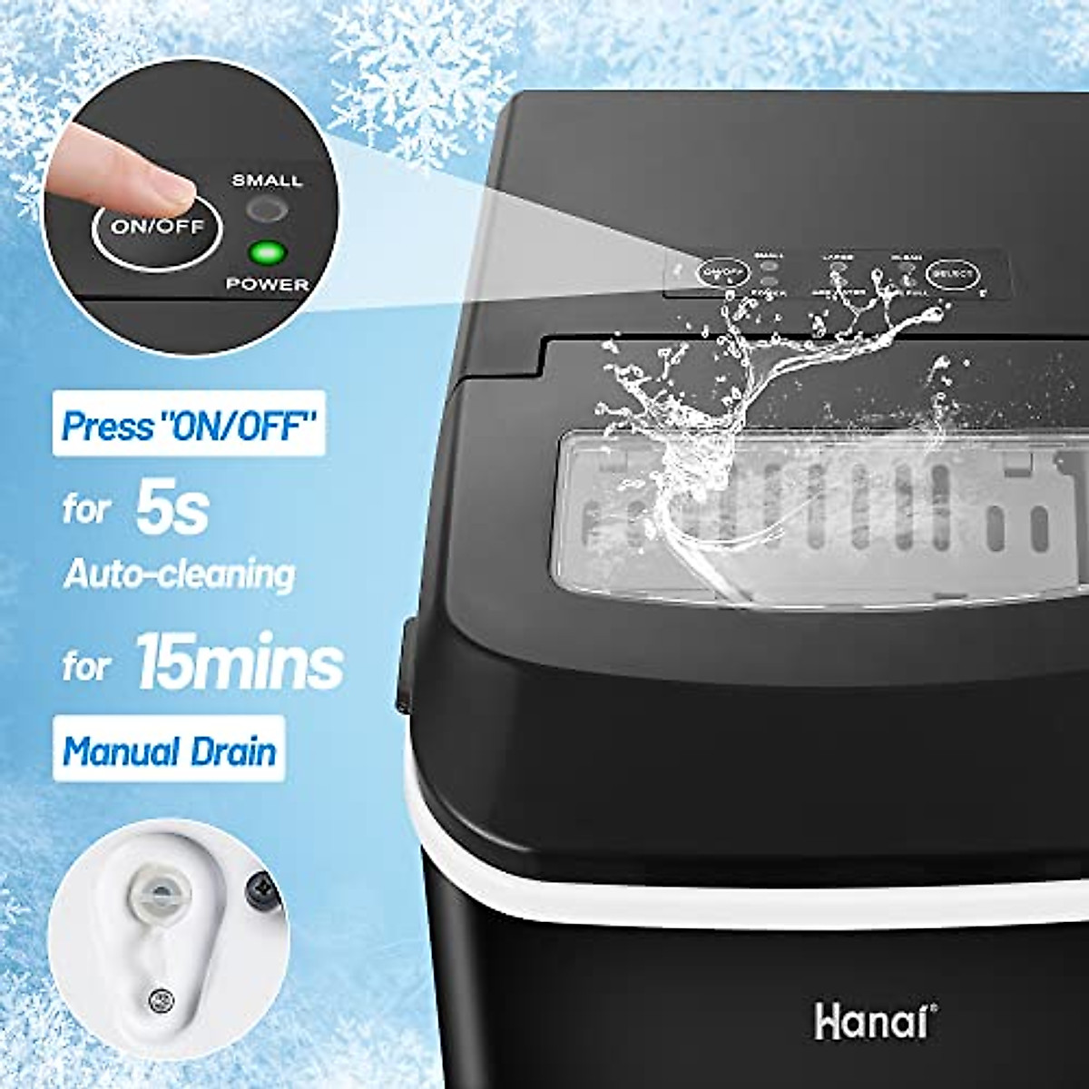 Ice Makers Countertop,Protable Ice Maker Machine with Handle,Self-Cleaning Ice Maker, 26Lbs/24H, 9 Ice Cubes Ready in 6-8 Mins, for Home/Office/Kitchen Black WANAI
