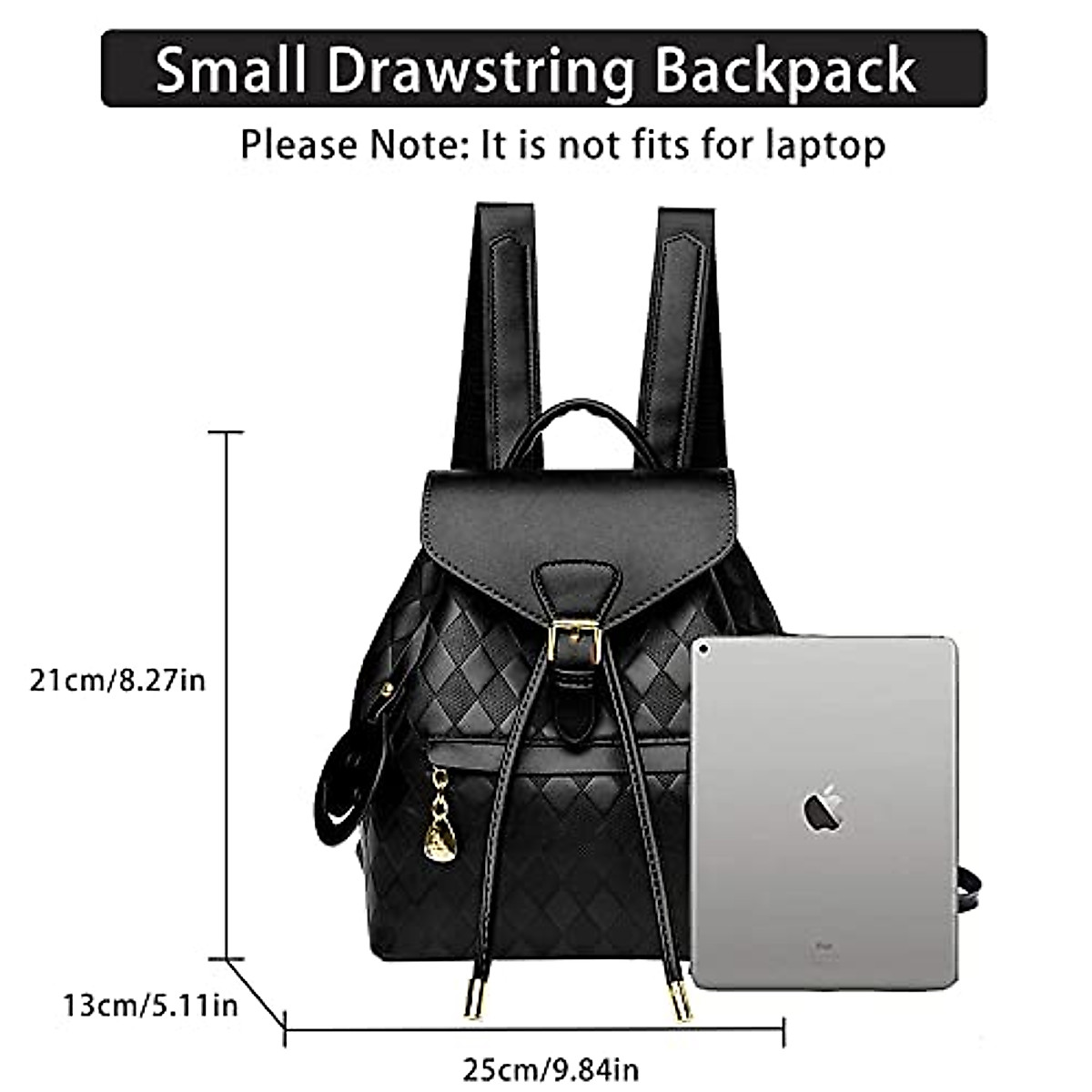NZ SIXVONA Small Backpack for Women, Drawstring Mini Backpack Faux Leather Flap Checkered Backpack Purse for Women-Black