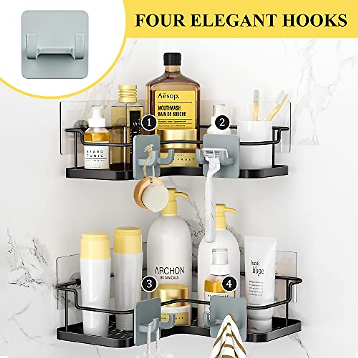 Nieifi Adhesive Corner Shower Caddy Organizer Shelf with 4 Hooks, Bathroom Shelves Storage Basket, Shampoo Holder No Rust No Drill 2 Pack Black, For 90 Degree Corner Only