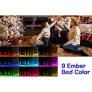 Uthfy 36" Electric Fireplace,1500W Recess & Wall Mounted Fireplace Heater & Linear Fireplace,6 Flame & 9 Ember Bed Colors,Remote Control,8H Timer,Adjustable Thermostat,Log & Crystal, Black (HY-HW36)