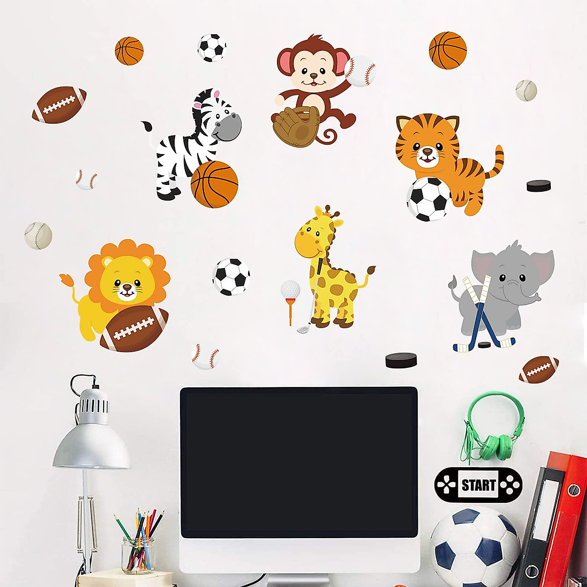Supzone Cartoon Animal Sport Wall Decals Sports Balls Wall Stickers Jungle Monkey Lion Giraffe DIY Vinyl Wall Art Sticker for Kids Baby Nursery Playroom Bedroom Girls Boy Room Wall Decor