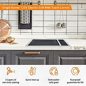 Kenyon No-Lid Built-In Electric Grill, Stainless Steel Grill With Single Burner, Quick Heat Up, Digital Touch Panel, UL-Approved For Indoor And Outdoor Use, Dishwasher Safe Grate, 120V