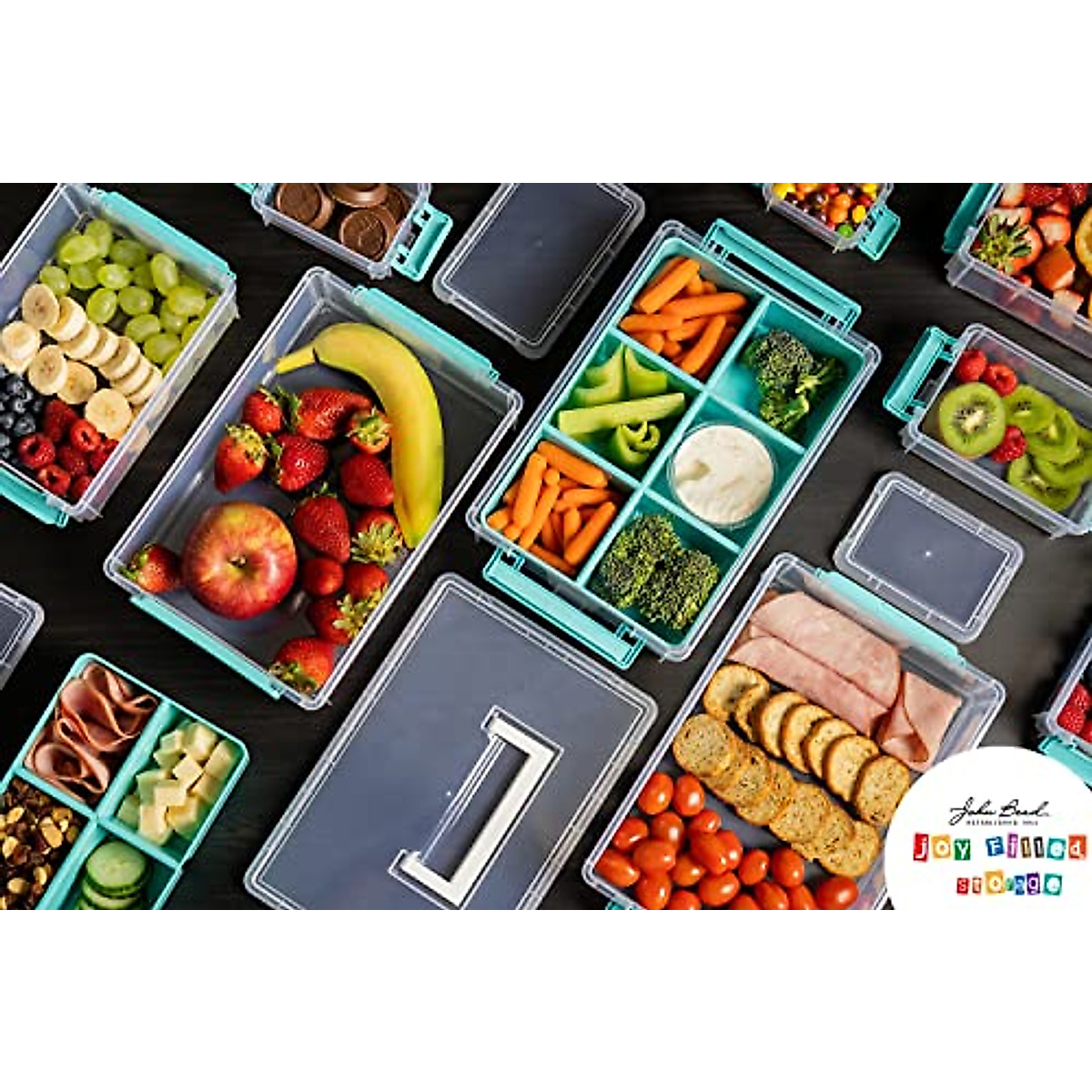 Joy Filled Storage - 3 Clear Stackable Containers with Handle and 6 Compartment Insert (10x7x2.5in) - with Turquoise Detail for Craft, Ideal for Food Storage and Organizing Containers