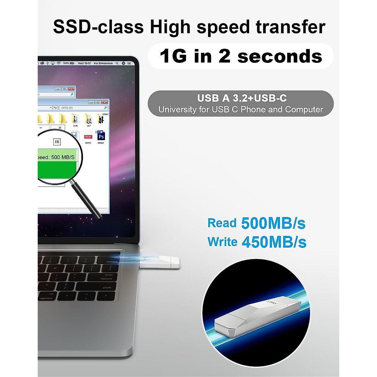 ySky 1TB USB 3.2 SSD Solid State Flash Drive,500MB/s High Speed USB C+ USB A 3.2 Gen2 USB Thumb Drive,2in1 USB C Drive Stick for USB-C iPad/Android Phone,Laptop,Mac,Tablet with Keychain Leather case