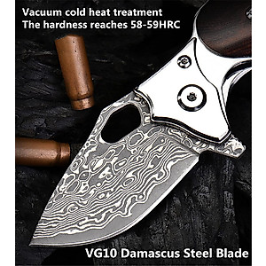 KUNSON Small Folding Knife Pocket Knife Redwood Handle VG10 Damascus Steel Sharp Blade - Pocket Knife for Men - Best Partner for Camping Hunting Fishing - EDC and Outdoor Gear