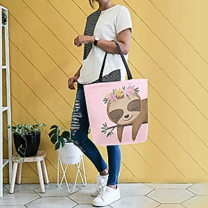 ALAZA Large Canvas Tote Bag Cute Sloth Flower Pink Shopping Shoulder Handbag with Small Zippered Pocket