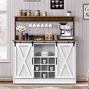IMMERSTABLE Farmhouse Coffee Kitchen Bar Cabinet with Wine Racks, Coffee Station for Dining Room, White