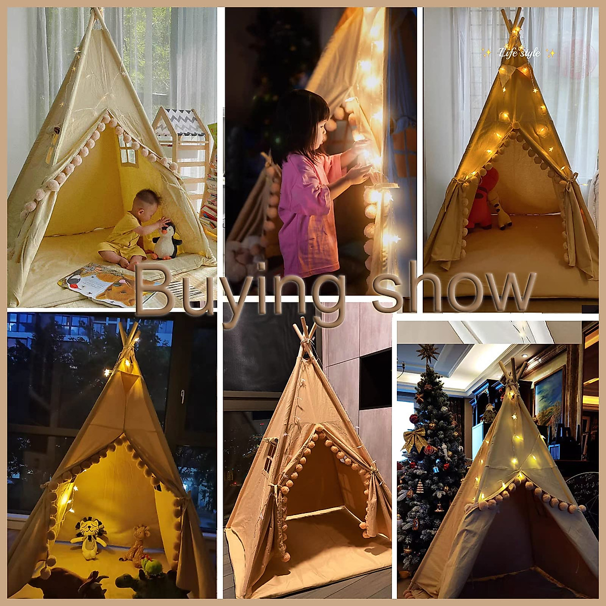 RONGFA Kids-Teepee-Tent with Lights &Large Pompoms & Carry Bag, Machine Washable Teepee Tent for Kids Indoor Tent, Foldable Toddler Tent for Kids -Toddler Teepee Tent for Girls & Boys（Without Mat）