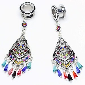 1/2 inch 12mm 316L Surgical Steel Bohemian Multicolor Crystal Tassel Dangle Ear Gauges Piercing Flesh Tunnels Plugs Statement Earrings