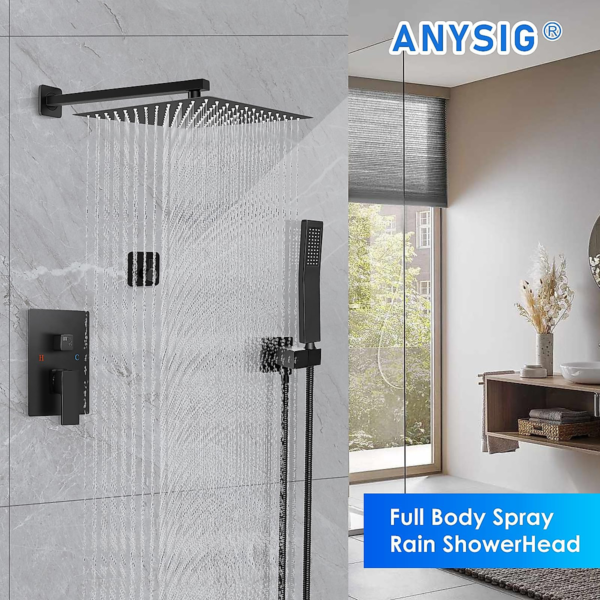 Anysig Shower Faucet Set, 12" Matte Black Shower Head and Handle Set, Rainfall Shower System with Square Rain Shower Head and High Pressure Handheld Spray, Shower Valve and Trim Kit Wall Mounted