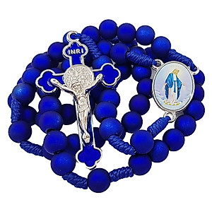 TALISMAN4U Deep Blue Rosary Beads Catholic Prayer Necklace with Saint Benedict Crucifix Our Lady of Grace Medal Religious Gift Rosary Pouch