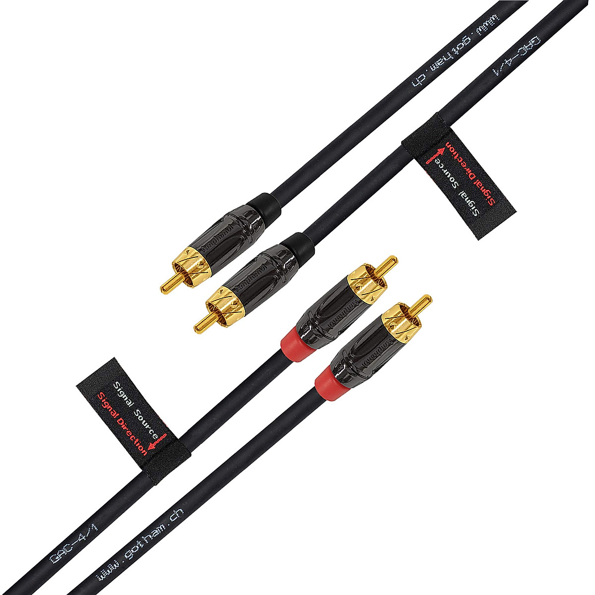 1 Foot RCA Cable Pair - Gotham GAC-4/1 (Black) Star-Quad Audio Interconnect Cable with Amphenol ACPL Black Chrome Body, Gold Plated RCA Connectors - Directional