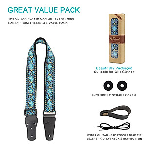 NeuSchwan Adjustable Electric Guitar Strap/Acoustic Guitar Strap/Bass Strap-Cotton Jacquard Embroidered Genuine leather Ends Guitar Straps with 1 Pick Holder, Free Bonus 2 Silicone Strap Locks, Blue
