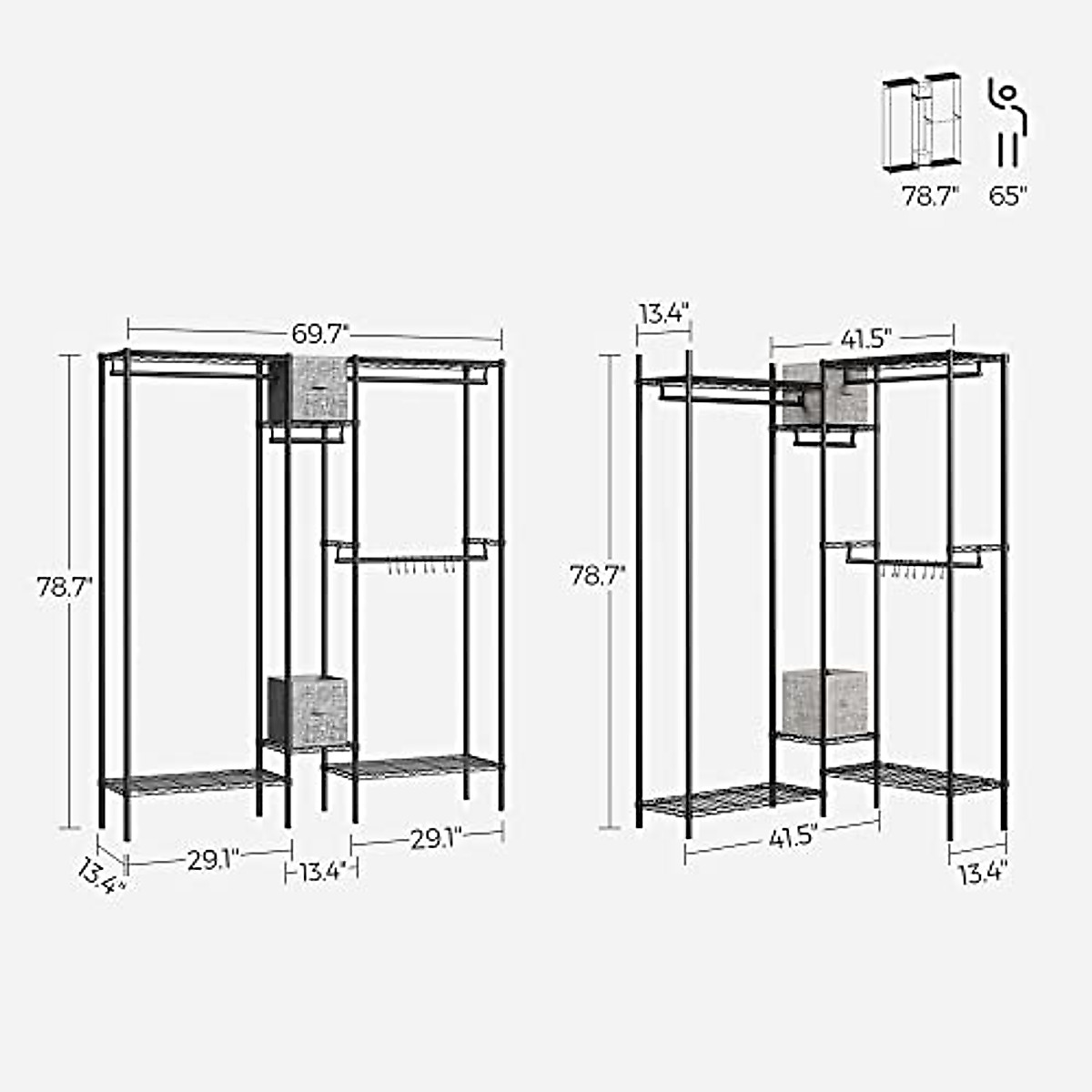 SONGMICS Clothes Rack with Shelves, Garment Rack for Hanging Clothes, Heavy Duty Closet Rack, Steel Portable Closet with Fabric Storage Boxes, Adjustable Shelves, for Bedroom, Black ULGR401B01