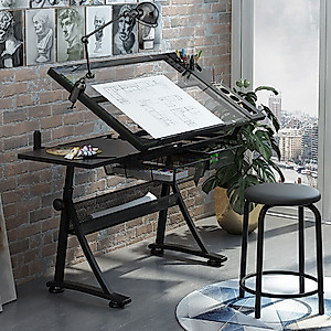 Drawing Table Drafting Desk, Glass Drafting Table Art Desk, Height Adjustable Drawing Desk Art/Craft Desk Paintings Work Station W/ 2 Storage Drawers and Stool for Craft Station Studio Home Office Sch
