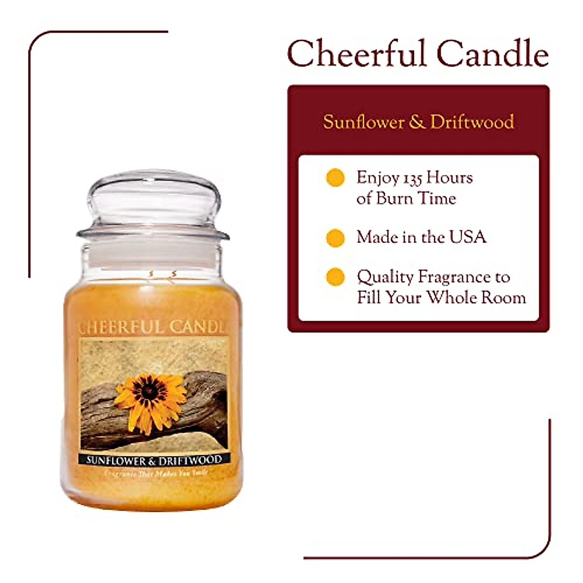 A Cheerful Giver - Sunflower & Driftwood - 24oz Large Scented Candle Jar with Lid - Cheerful Candle - 135 Hours, Candles Gifts for Women, Yellow