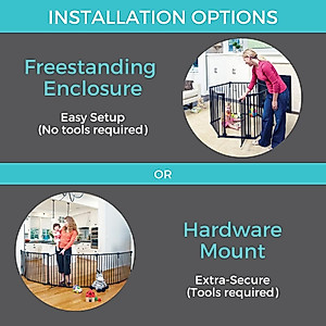 Toddleroo by North States 3 in 1 Arched Decor Metal Superyard 6 Panel Play Yard, Baby Gate, Playpen or Baby Fence, 151" Wide. Wall Mount Kit Included. 10 sq ft play yard (30" tall, Matte Bronze)