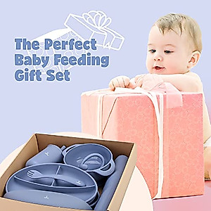 Juvitek Baby Silicone Set, Baby Feeding Set, Toddler Plates and Bowls Set with Baby Spoon, Fork, Mat and Cup, Comes with Anti-Slip Suction Base and Adjustable Bib, 3 Months and Up, Blue, Set of 8