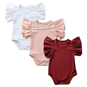 Baby Girls' Short-Sleeve Bodysuit Funny Ruffles Flower Jumpsuit Outfit for Infant Toddlers (White/Wine Red/Pink, 0-6 Months)