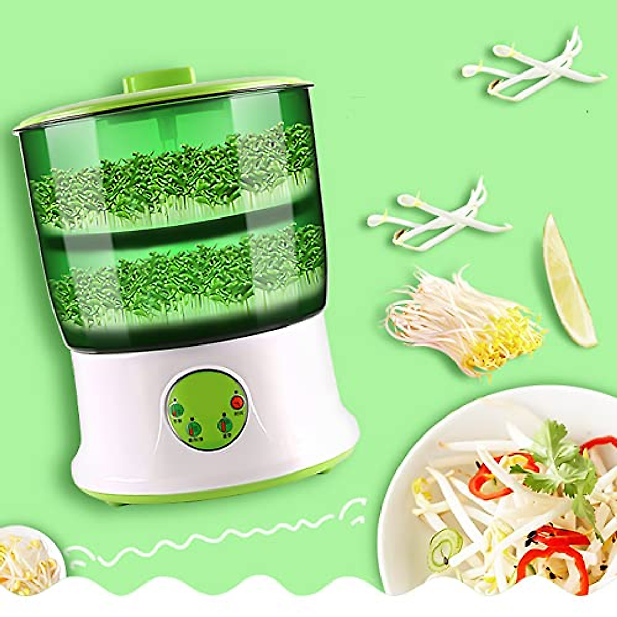 2-Layer Bean Sprouts Machine,110V 60Hz Automatic Intelligence Electronical Healthy Seed Sprouts Maker Function Large Capacity Seed Grow Homemade Also For Radish,Alfalfa,Wheatgrass,Broccoli Sprouts