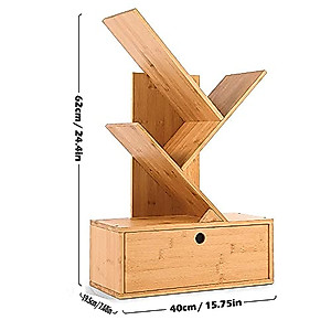 HYNAWIN Bamboo Tree Bookshelf with Drawers, Countertop Organizer, 3-Tier Desktop Display Bookcase in Living Room/Home/Office, Free Standing Storage Rack for Books/Magazines/CDs/Files/Photo Albums