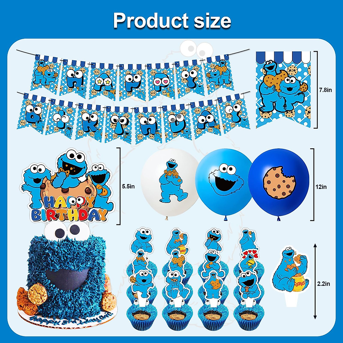 46 Pcs Cartoon Cookies Birthday Party Supplies Includes Happy Birthday Banner Cake&Cupcake Toppers Balloons for Boys Girls Baby Shower Monster Theme Party Decoration