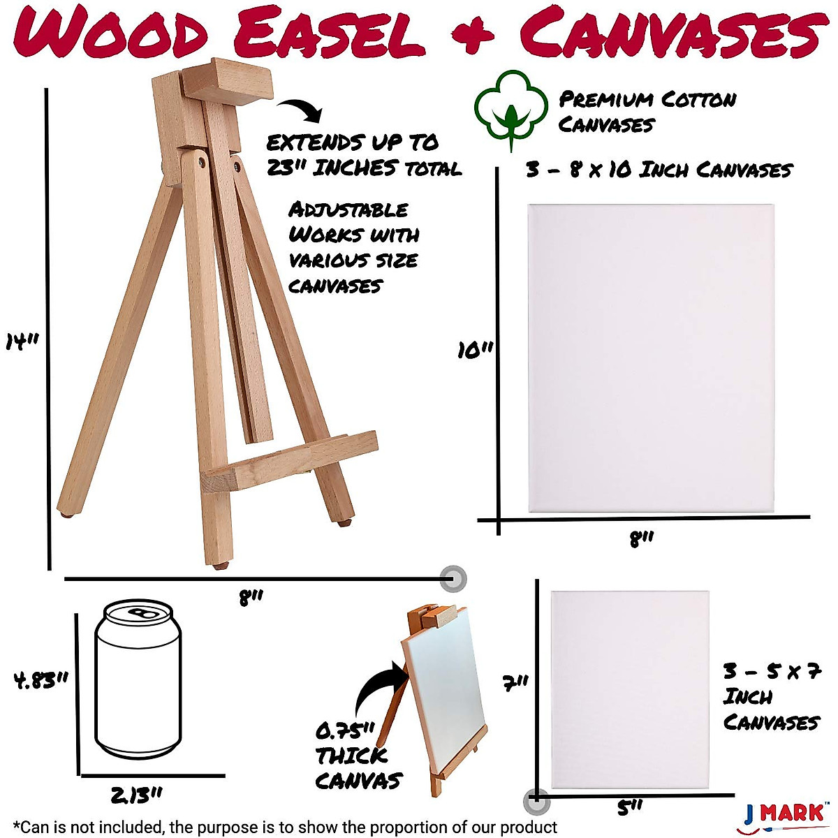 J MARK 48pc Deluxe Painting Kits for Adults - Includes Adjustable Wood Easel, Thick Canvases, Acrylic Paints, Brushes Set,Wooden and Plastic Palettes, 2 Painting Knives, 3 Sponges, Color Mixing Wheel