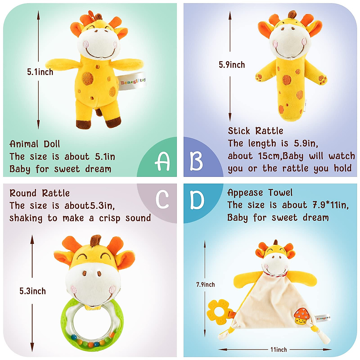 by Rattle Toys for Babies 0-6 Months Soft Baby Toys Stuffed Animal Plush Rattle Newborn Sensory Toys Newborn Infant Security Blanket Loveys Small Animals Doll（Giraffe）