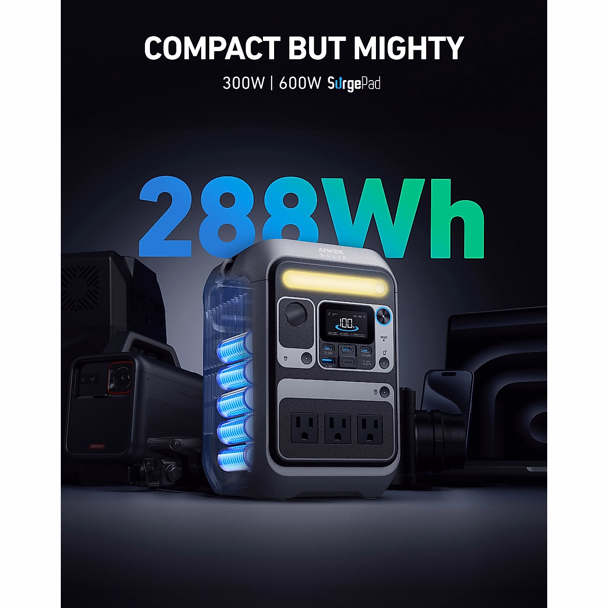 Anker SOLIX C300 Portable Power Station, Outdoor 288Wh LiFePO4 Battery, 300W (600W Surge) Solar Generator, 140W Two-Way Fast Charging, For Camping, Traveling, and Emergencies (Solar Panel Optional) (Renewed)