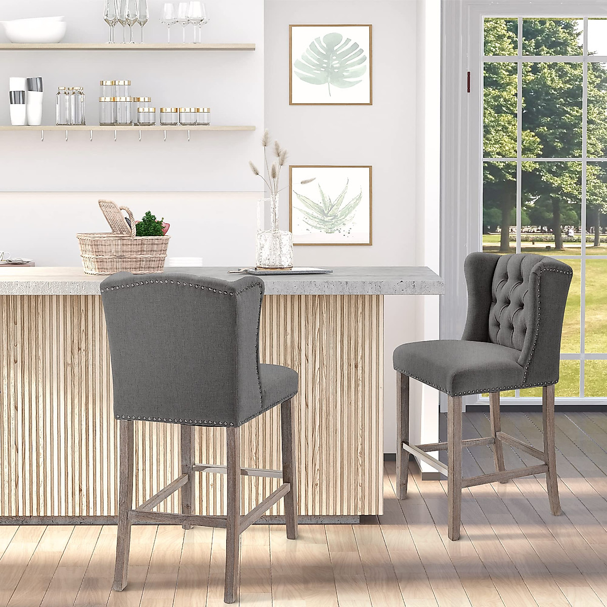 HOMCOM Counter Height Bar Stools Set of 2, Upholstered 26.75" Seat Height Barstools, Breakfast Chairs with Nailhead-Trim & Tufted Back, Wood Legs, Deep Grey