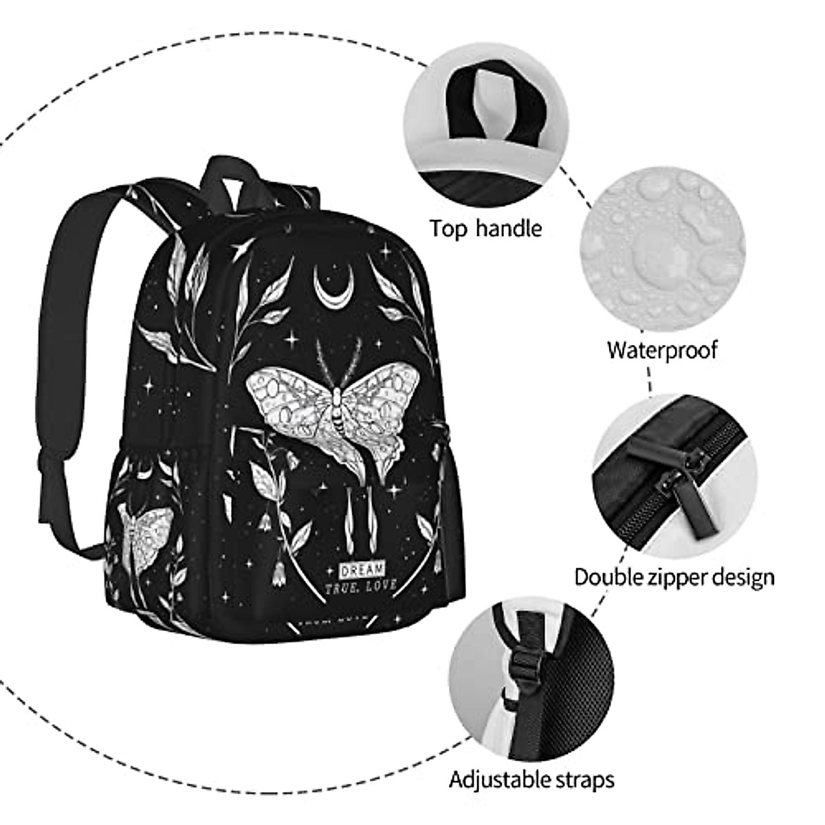SUPLUCHOM School Backpack Black White Butterfly Moon Tarot Casual Daypack Men Women Polyester Laptop Bag with Side Pockets Bookbag for Travel Hiking Work Student Over 3 Years Old Kids