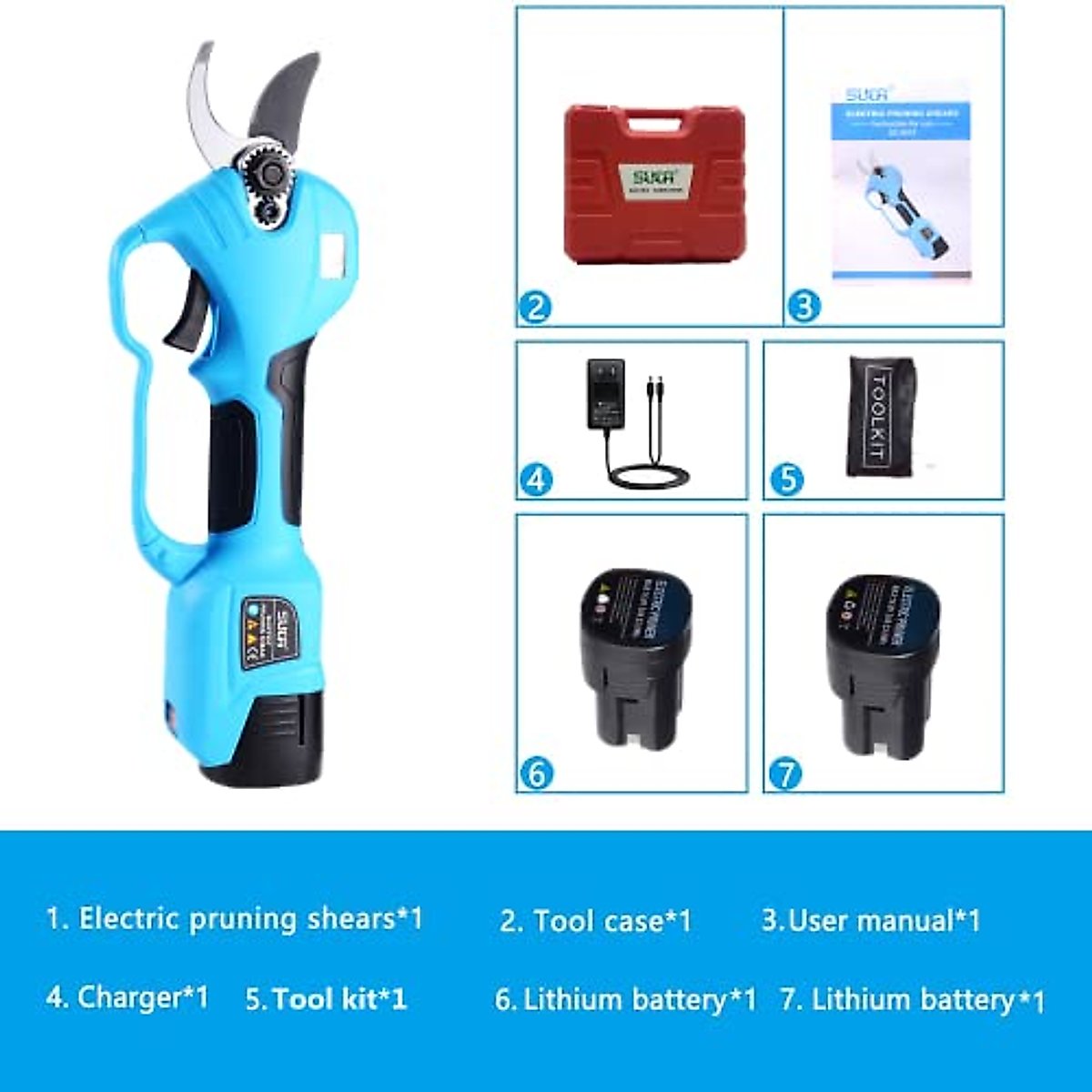 SUCA electric pruning shears Cordless tree pruner branch cutter pruners for gardening with 2pcs 2Ah Lithium Battery Powered 4-7 Working Hours Tree Branch Pruner LCD Display Screen （blue 1.1 inch）