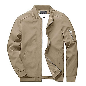 CRYSULLY Mens Autumn Casual Coat Sport Zip Outerwear Windproof Thin Bomber Jackets Khaki