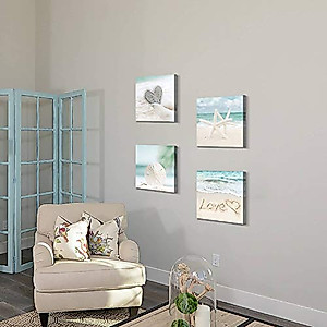 UTOP-art Aqua Beach Seashell Pictures Artwork: Love & Starfish Canvas Print Wall Art for Bathroom (12'' x 12'' x 4 Panels)