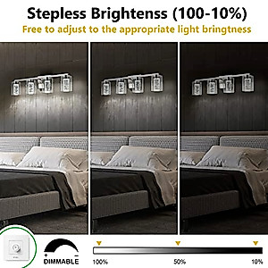 SineRise 4-Light Brushed Nickel Vanity Light with 3 Color Modes (3000K/4000K/6500K), Eye Protection LED Bathroom Light Fixture, Dimmable Modern Wall Light Over Mirror with Clear Glass Shades